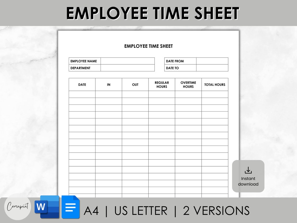 Employee Time Sheet Editable, Printable Time Card, Work Time Tracker ...