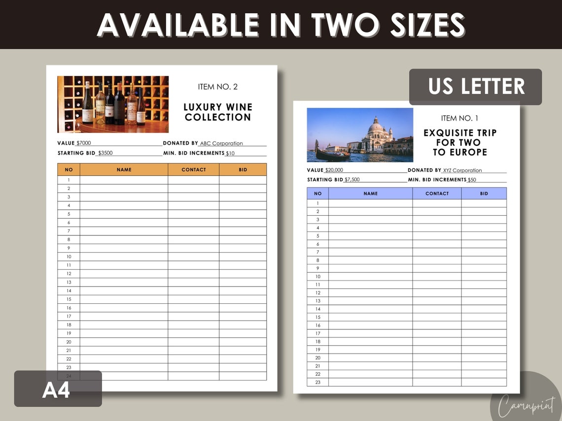 Editable Silent Auction Bid Sheet, Silent Auction Sign up Sheet ...