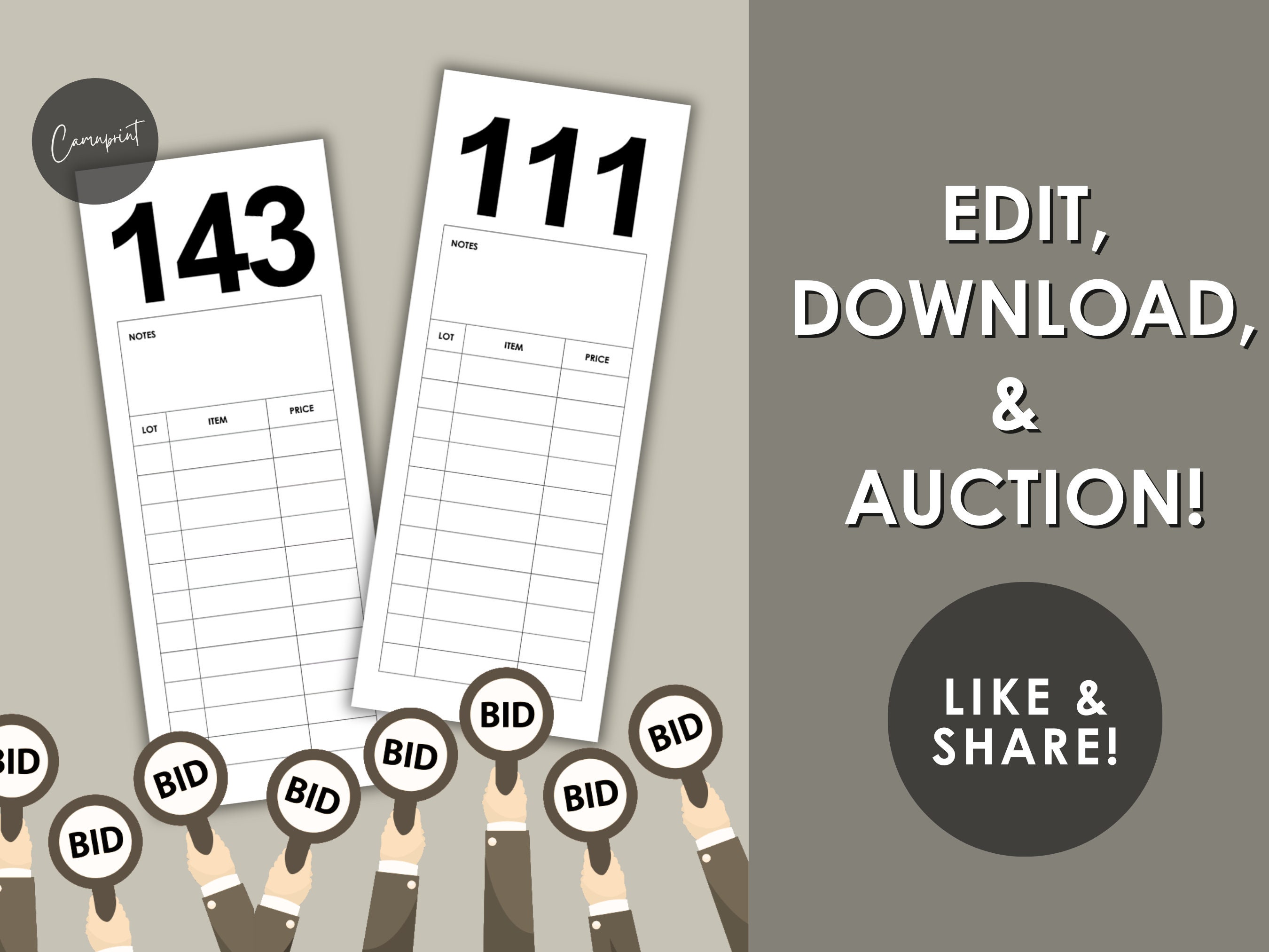 Auction Bid Card Printable Bid Cards With Notes, Numbered Card ... Auction Bid Card Printable Bid Cards With Notes, Numbered Card ...