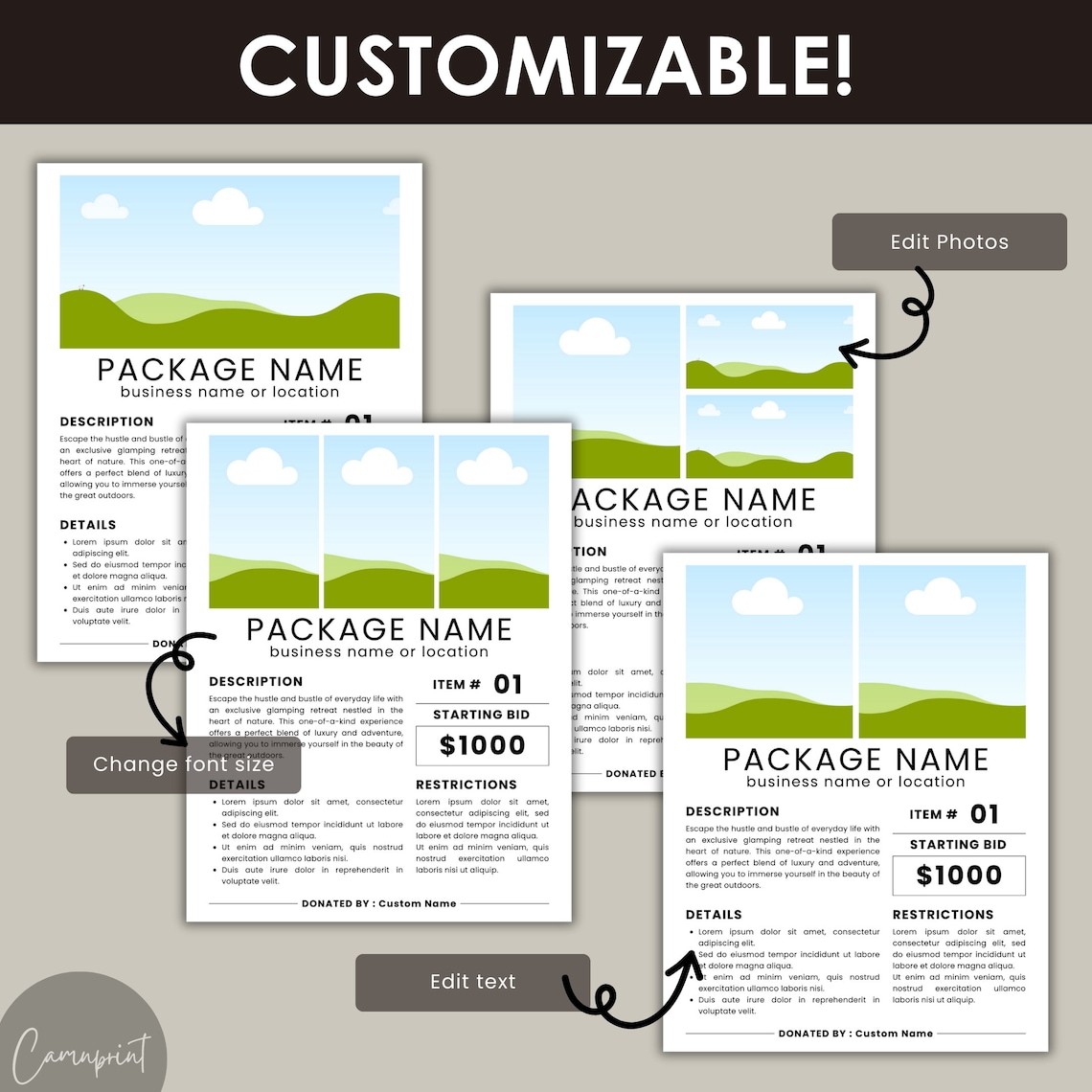 Editable Silent Auction Item Description Sheet, Auction Info Sheet ...