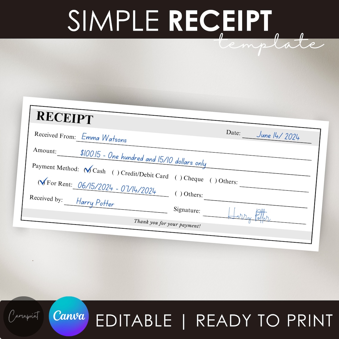Simple Rent Receipt Template Printable Receipt for Rental Payment ...