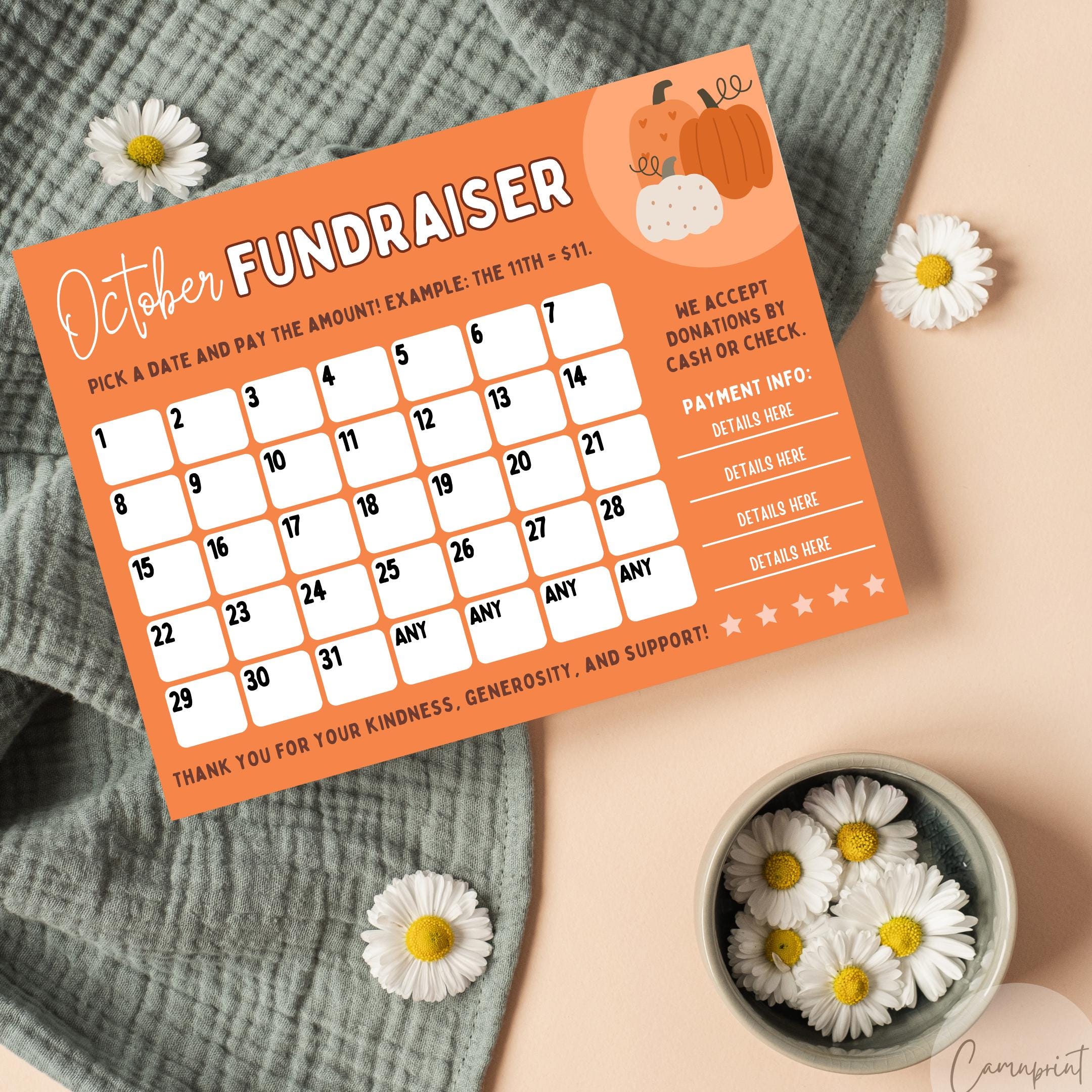 October Fundraiser Editable Fundraiser Calendar Pick A Date to Donate ...