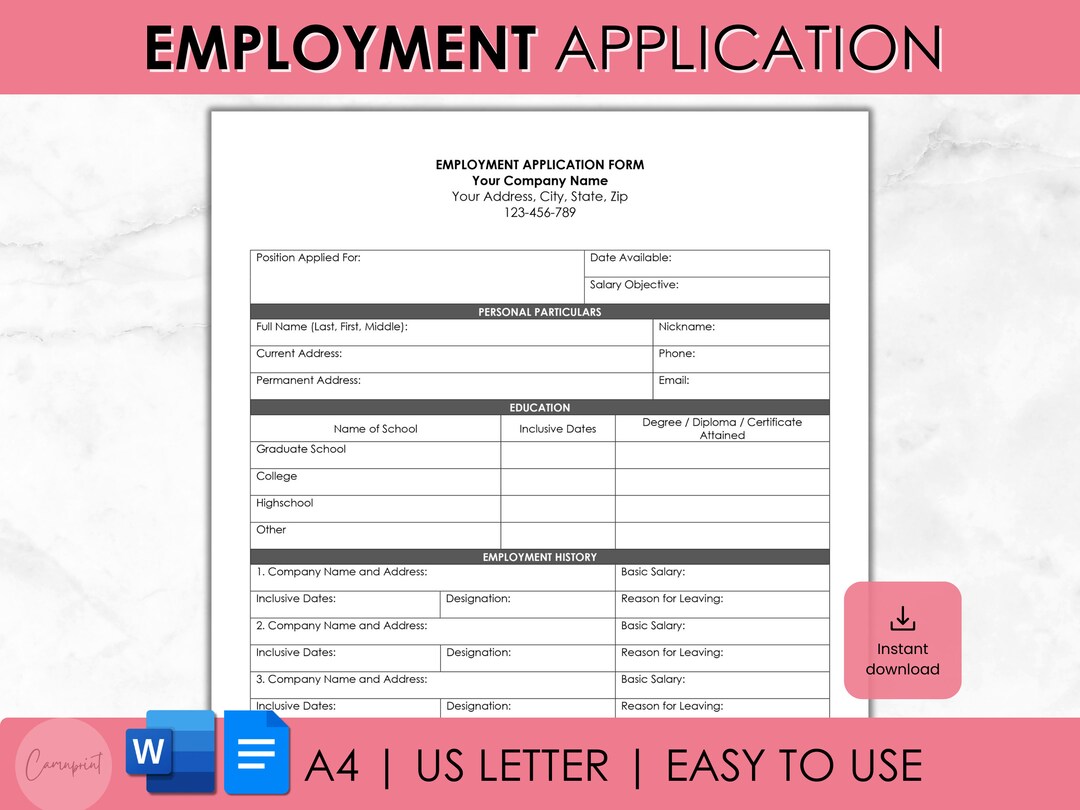 Employment Application, Employee Application Form, Job Application ...
