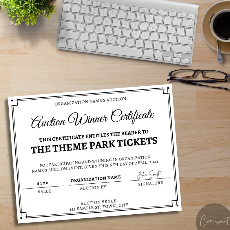 Editable Silent Auction Winner Certificate Template, Auction Item ...