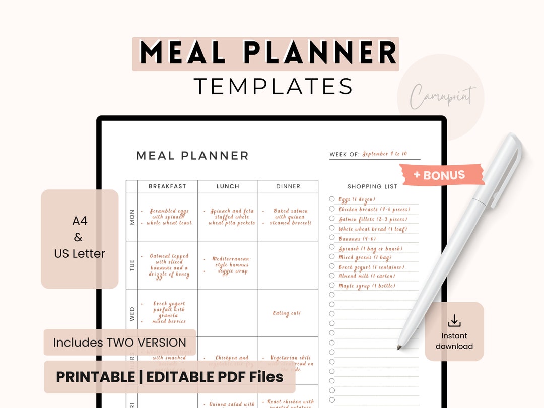 Editable Meal Planner Template Weekly Meal Planner Meal - Etsy