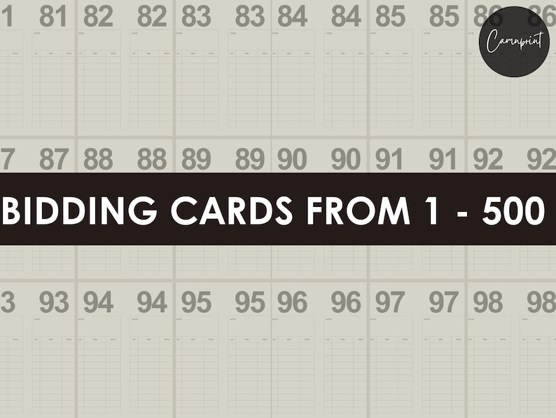 Auction Bid Card Printable Numbered Cards With Notes, Auction Printable ...
