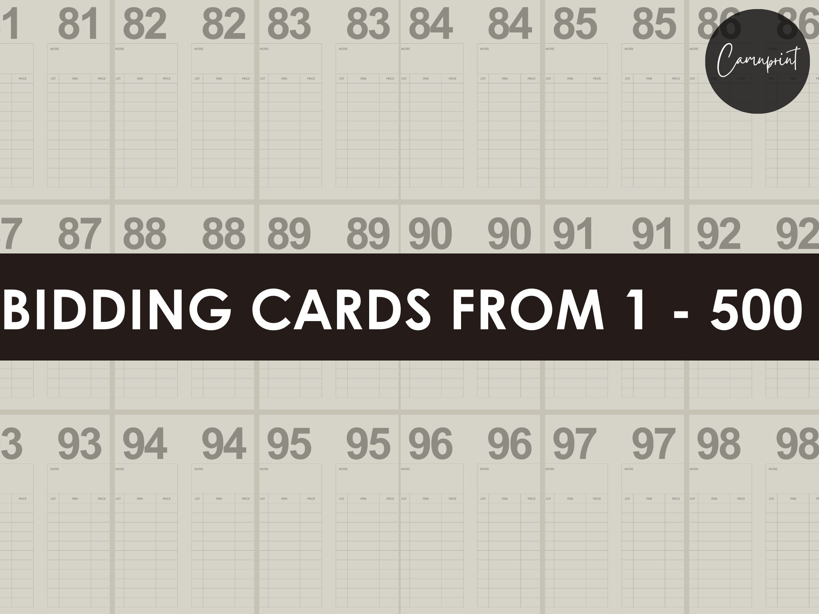 Auction Bid Card Printable Numbered Cards With Notes, Auction Printable ...