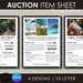Editable Silent Auction Item Description Sheet, Auction Info Sheet ...