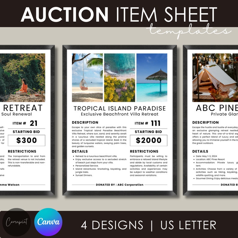 Editable Silent Auction Item Description Sheet, Auction Info Sheet ...