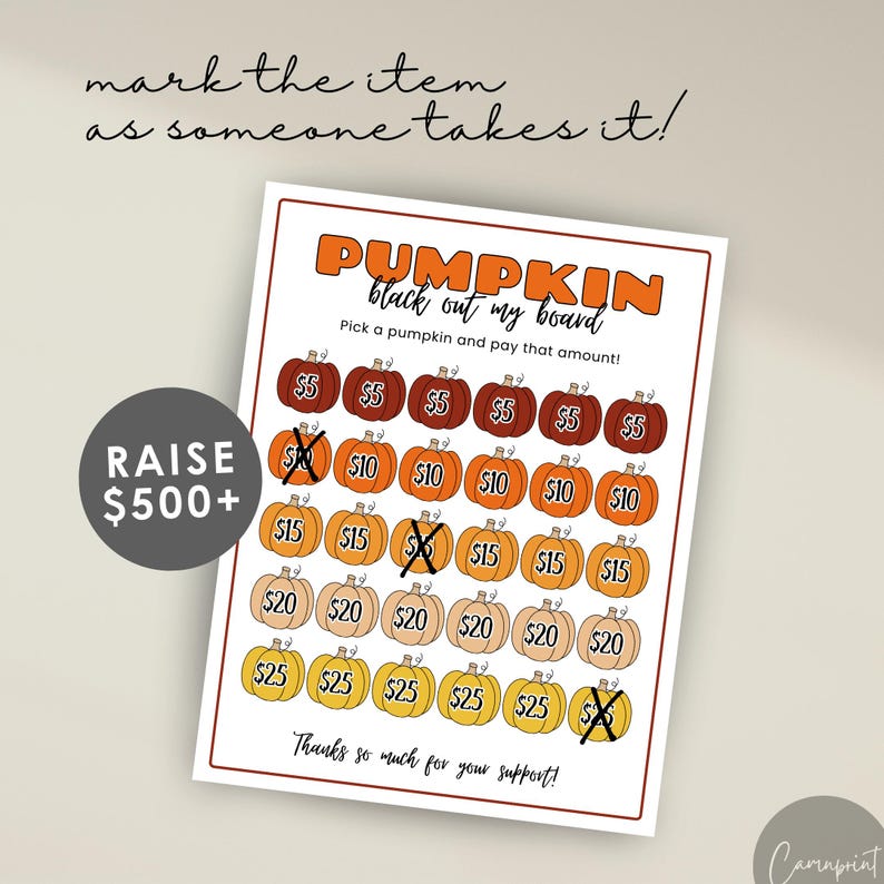 Fall Fundraiser Blackout Board, Halloween Fundraiser Printable Pumpkin ...