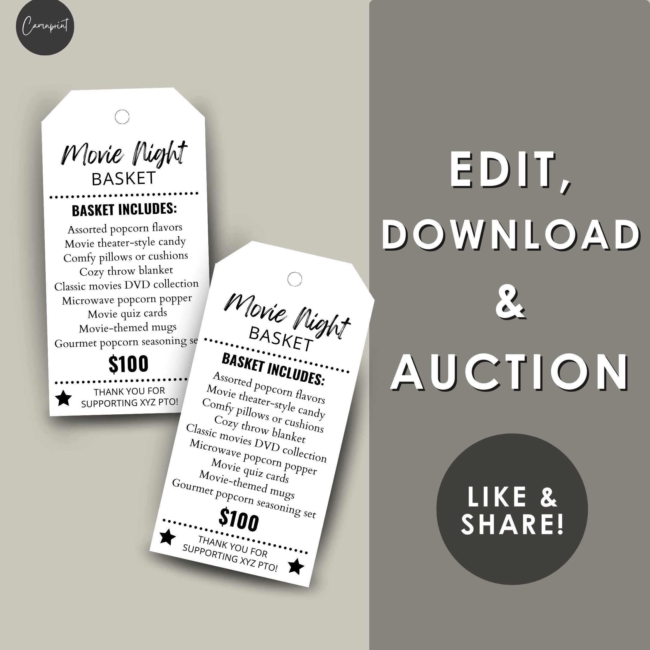 Silent Auction Basket Tags Editable Auction Template for Fundraising Template Silent Auction Tag ...