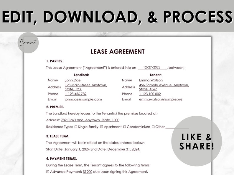 Simple One Page Lease Agreement, Printable Rental Agreement, Editable ...
