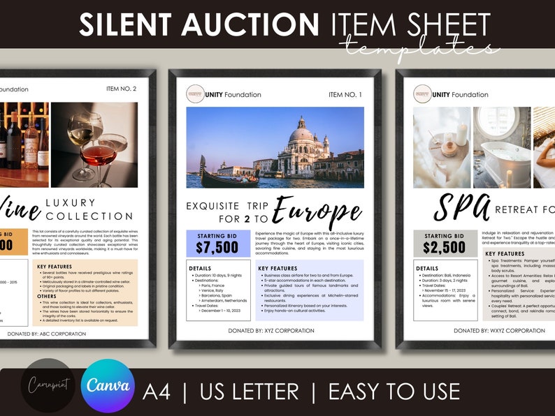 Editable Silent Auction Item Description Sheet, Auction Info Sheet ...