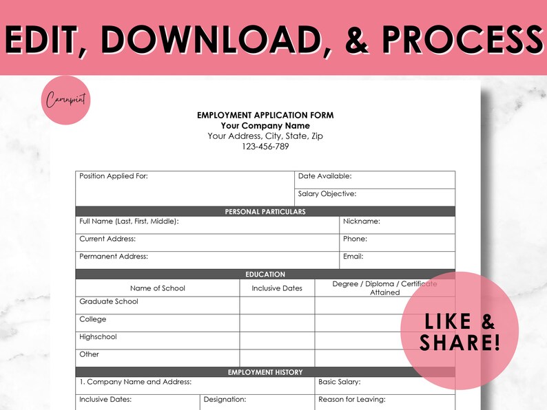 Employment Application, Employee Application Form, Job Application Printable Editable, Small ...