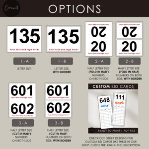 Custom Auction Bid Card Printable, Fundraising Numbers, Numbered Cards ...