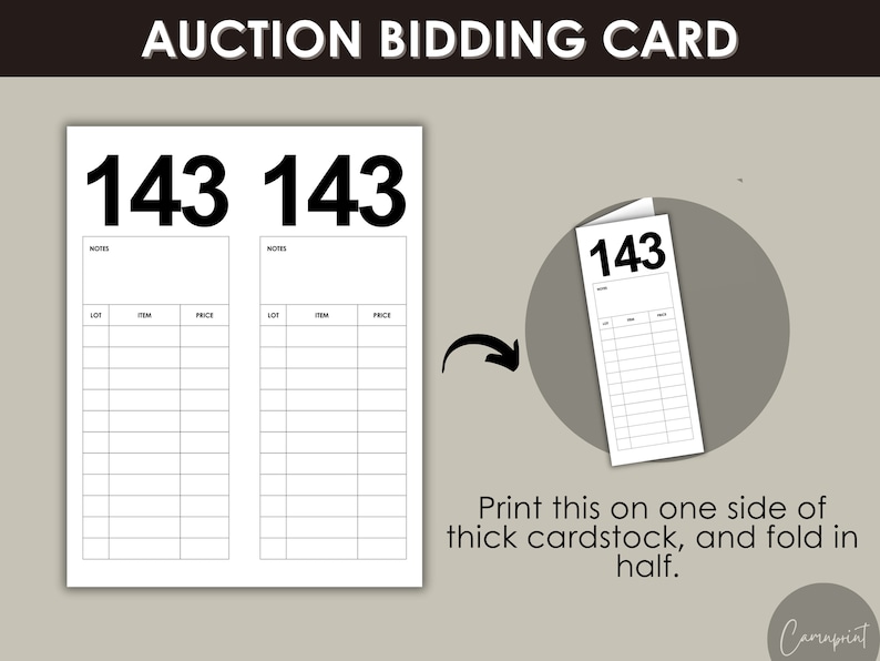 Auction Bid Card Printable Numbered Cards With Notes, Auction Printable ...