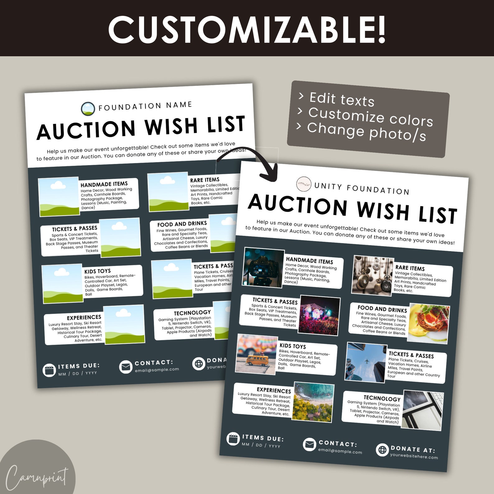 Auction Wish List for Silent Auction Live Auction Fundraiser Donation Request Flyer for School ...