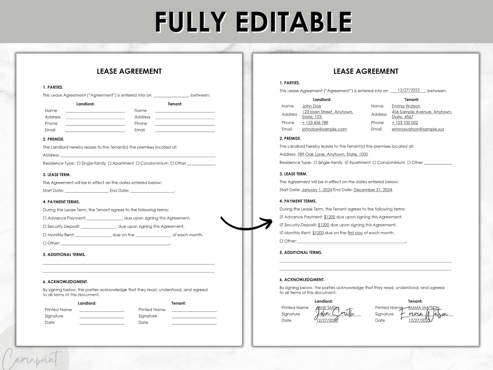 Simple One Page Lease Agreement, Printable Rental Agreement, Editable ...