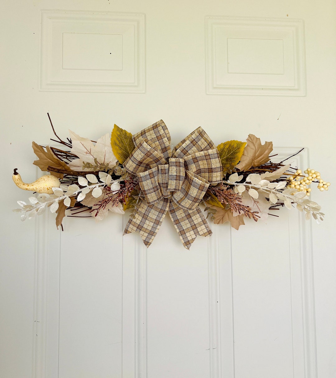 Fall Door Swag: Cream Maple Leaves, Plaid Burlap Bow - Etsy