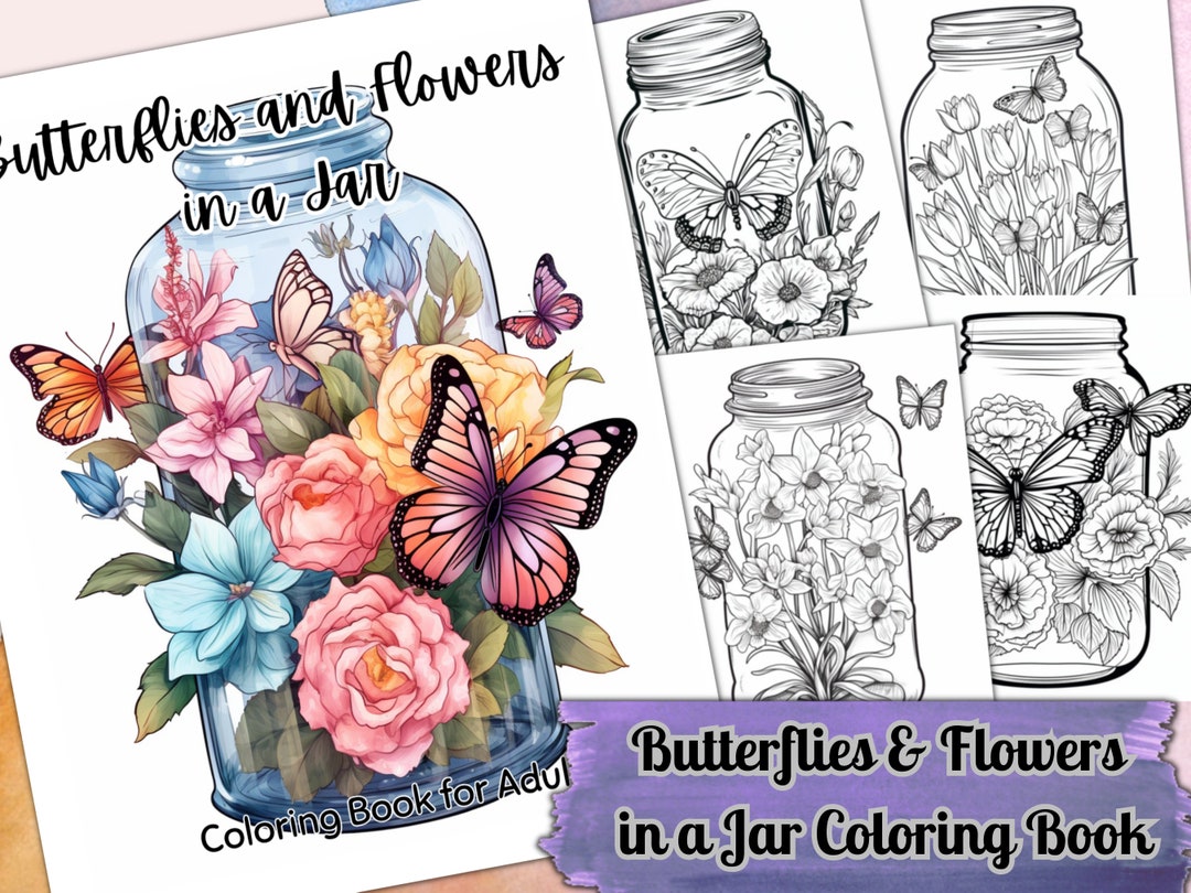 25 Butterflies & Flowers in a Jar Coloring Pages - Etsy
