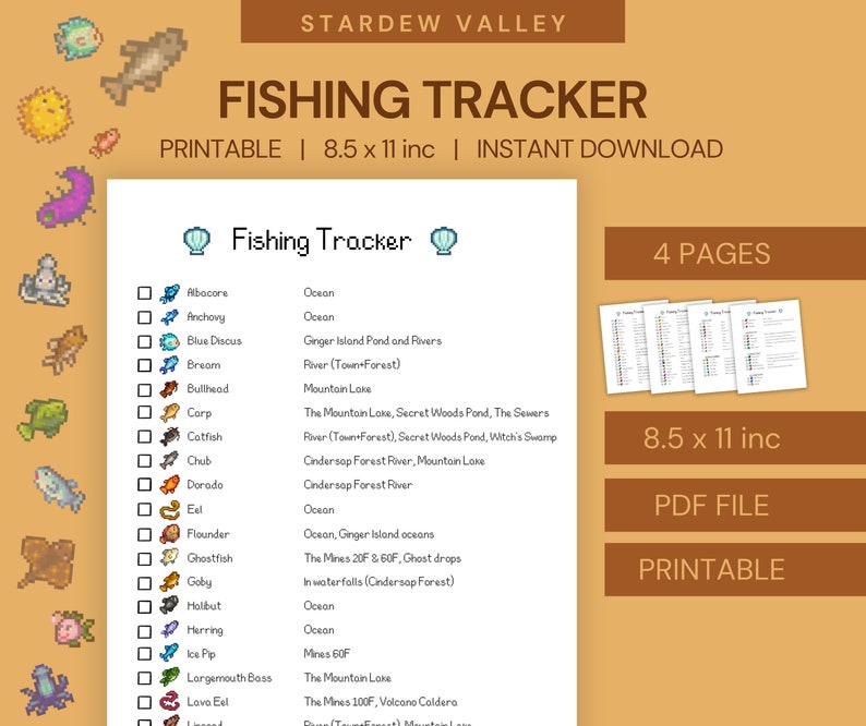Stardew Valley Fishing Tracker Printable: Fish Checklist (PDF Download ...