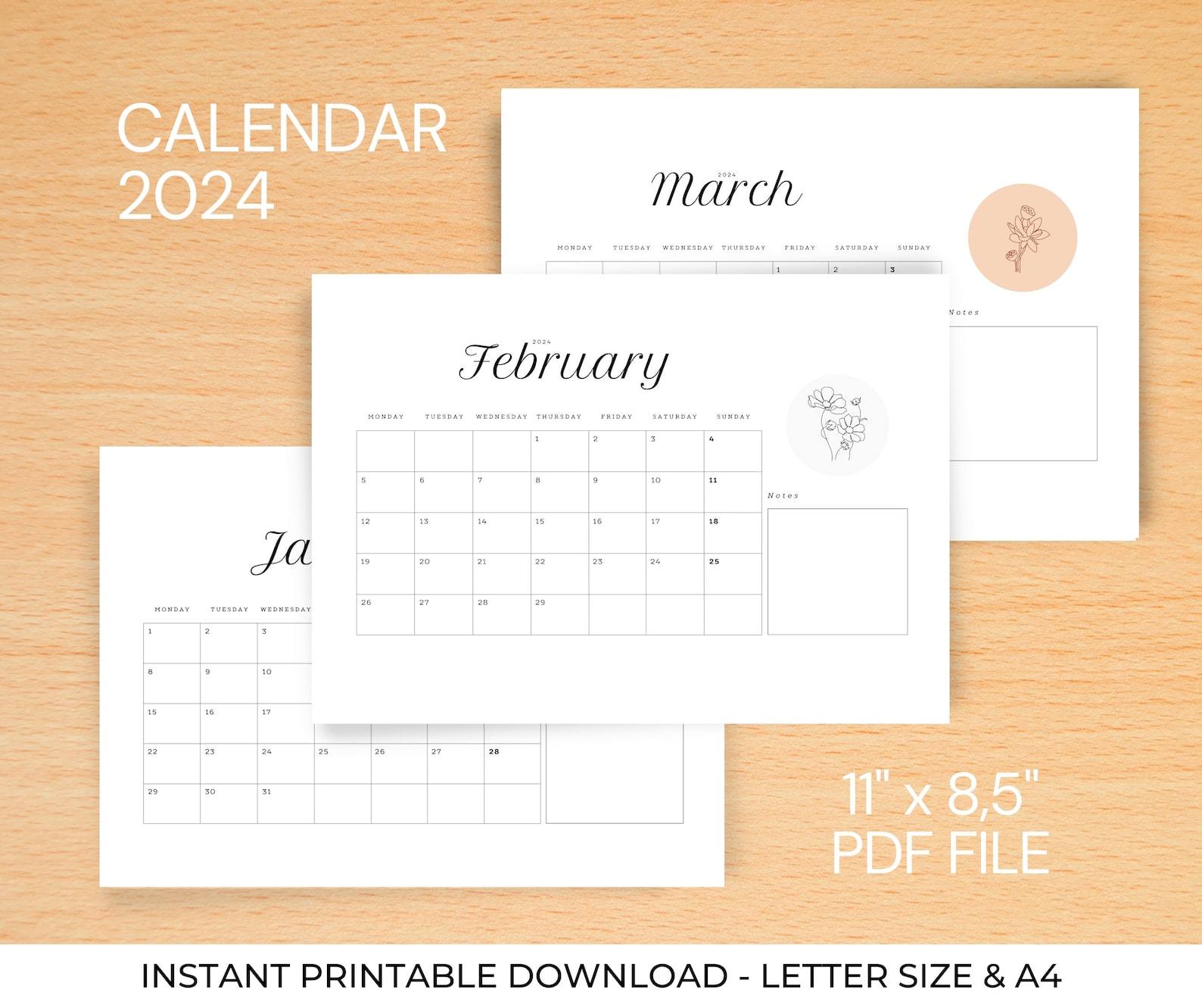 2024 Calendar, Digital Elegant Calendar, Printable PDF: Organize Your ...