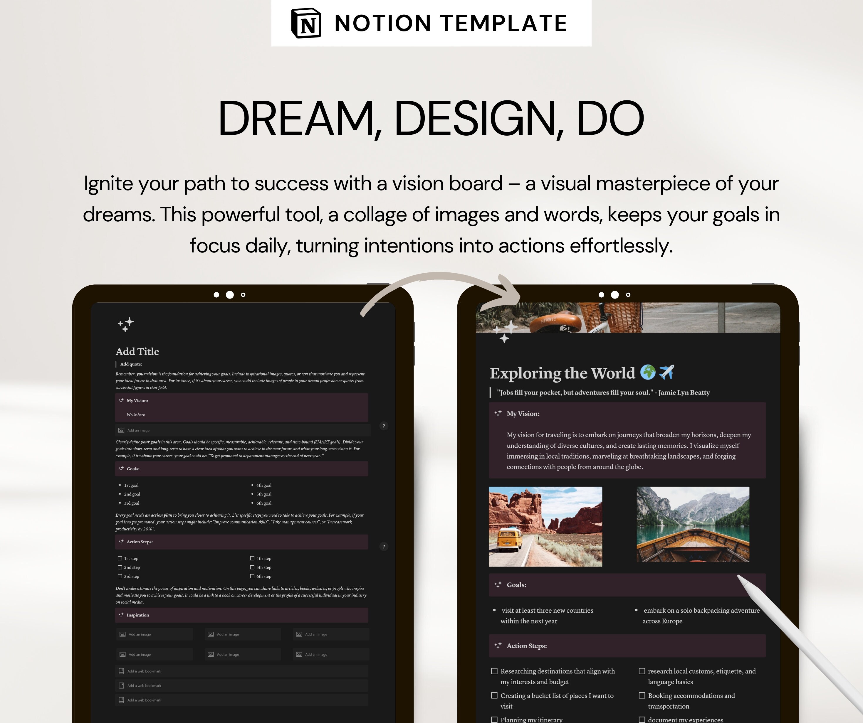 Vision Board Notion Template Dark Mode Personal Goal Setting Organizer ...