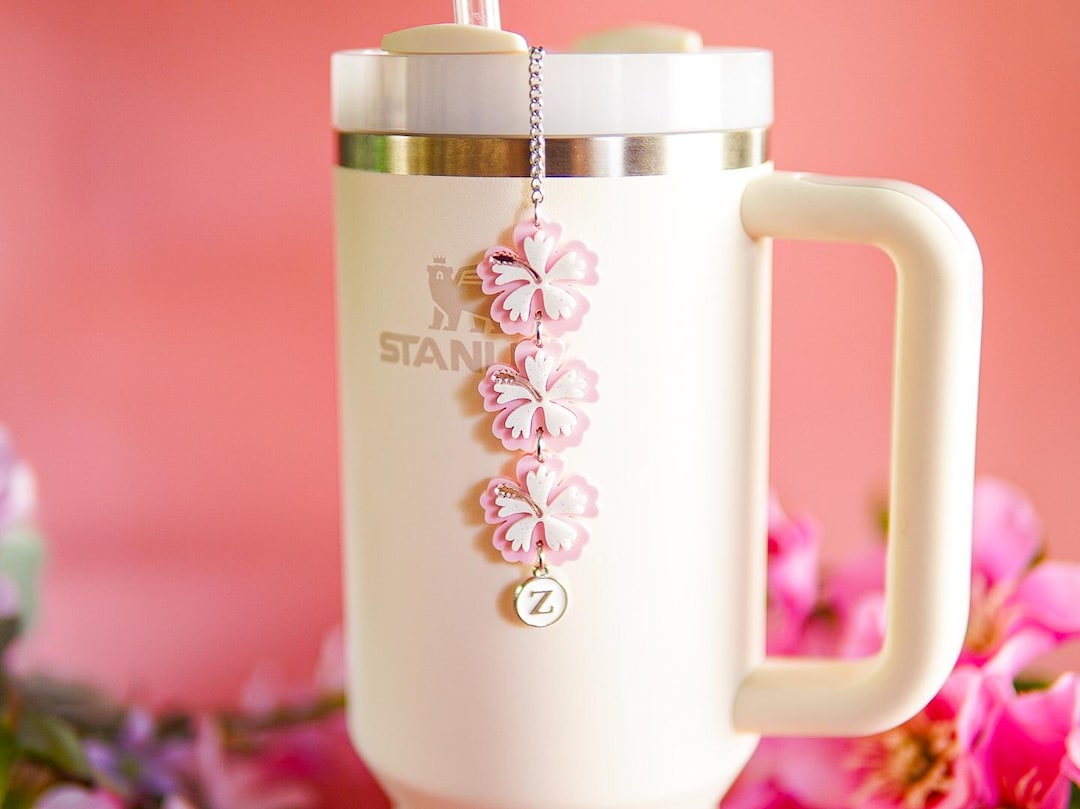 Pink and White Hibiscus Stanley Straw Charm, Straw Dangle, Stanley ...