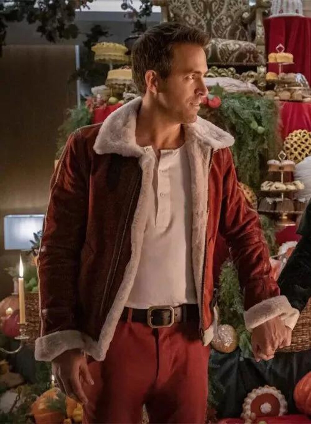 Ryan Reynolds Spirited Christmas Wear Santa Claus Sherpa Lined Leather ...