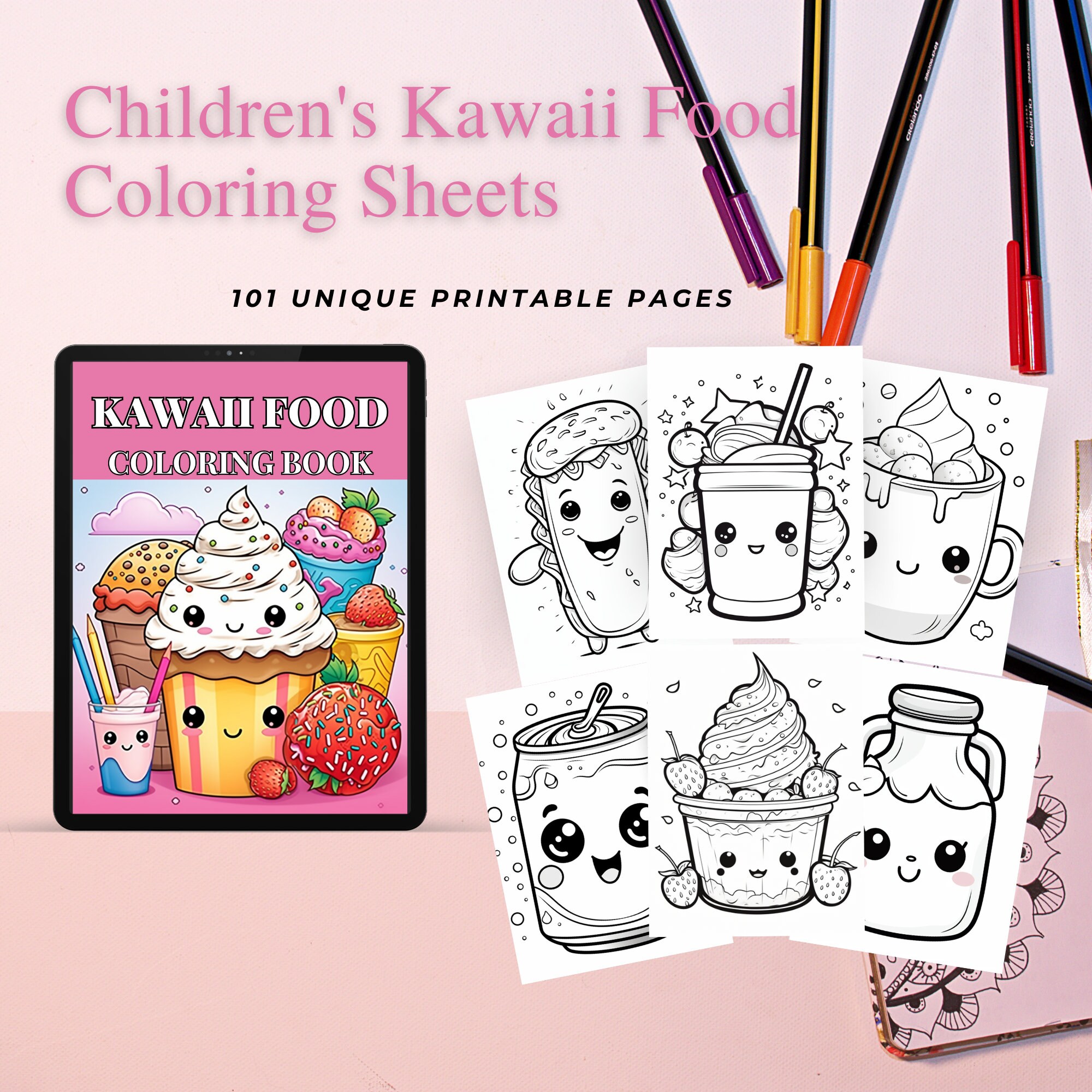 Kawaii Cute Food-themed Children's Coloring Book: 101 Unique ...