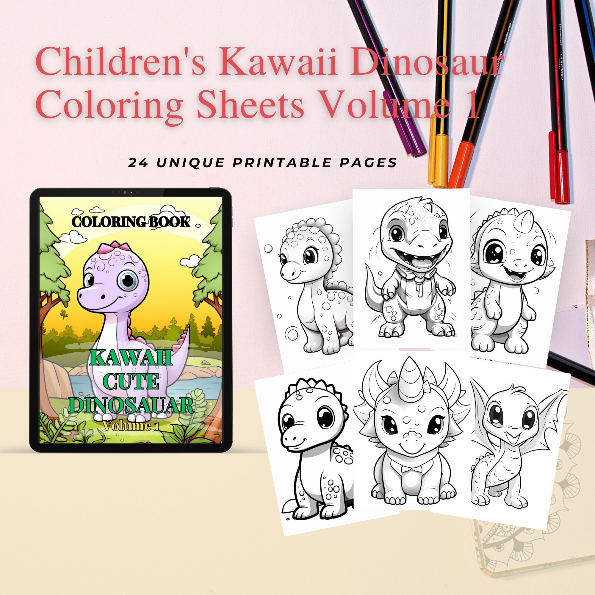 Kawaii Cute Dinosaur Children's Coloring Book Pages Volume 1– Immersive ...