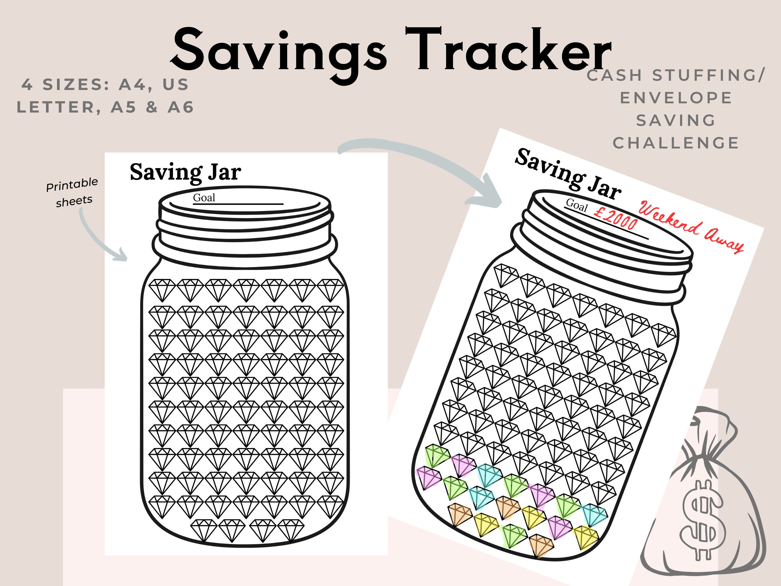Printable Savings Fund Tracker, Diamonds in a Jar Design, for Emergency ...