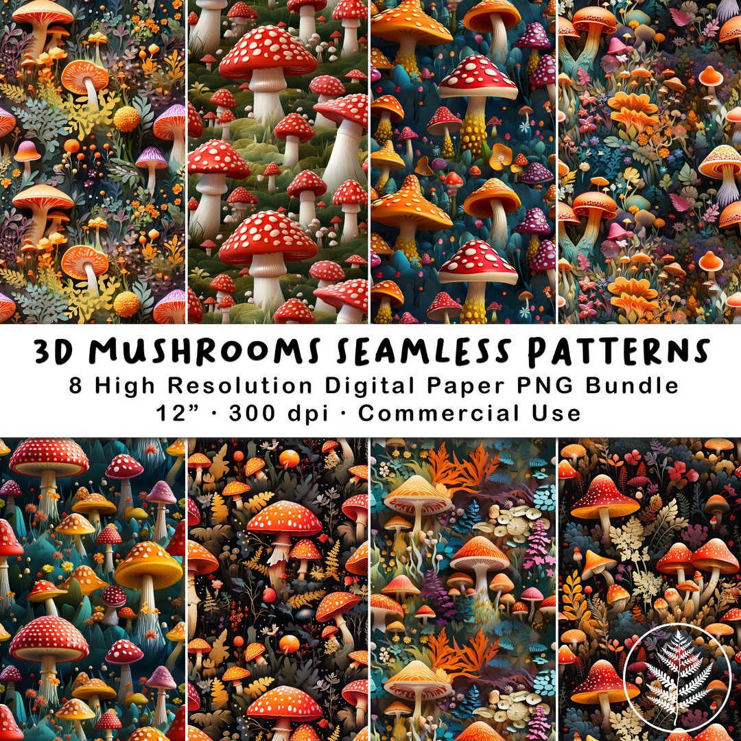 3D Mushrooms Seamless Patterns, PNG Bundle, Printable Images, Digital ...