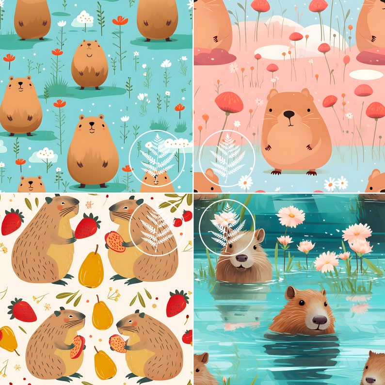 Cute Capybaras Seamless Patterns, PNG Bundle, Digital Paper, Scrapbook, Paper Crafts, Print All ...