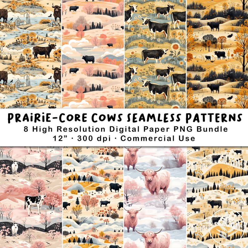 Prairiecore Cows Seamless Patterns, PNG Bundle, Digital Paper ...