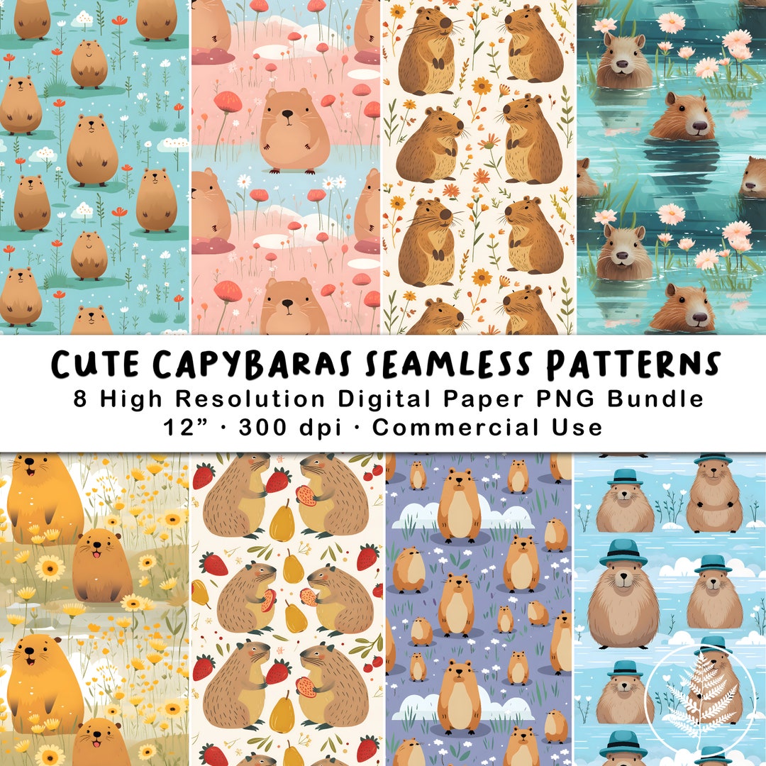 Cute Capybaras Seamless Patterns, PNG Bundle, Digital Paper, Scrapbook ...