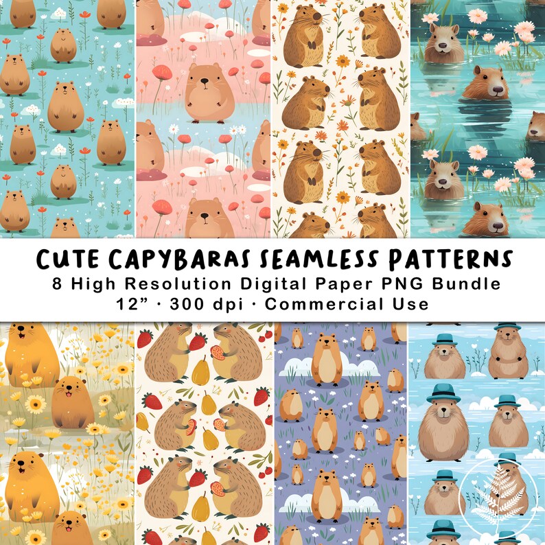 Cute Capybaras Seamless Patterns, PNG Bundle, Digital Paper, Scrapbook, Paper Crafts, Print All ...