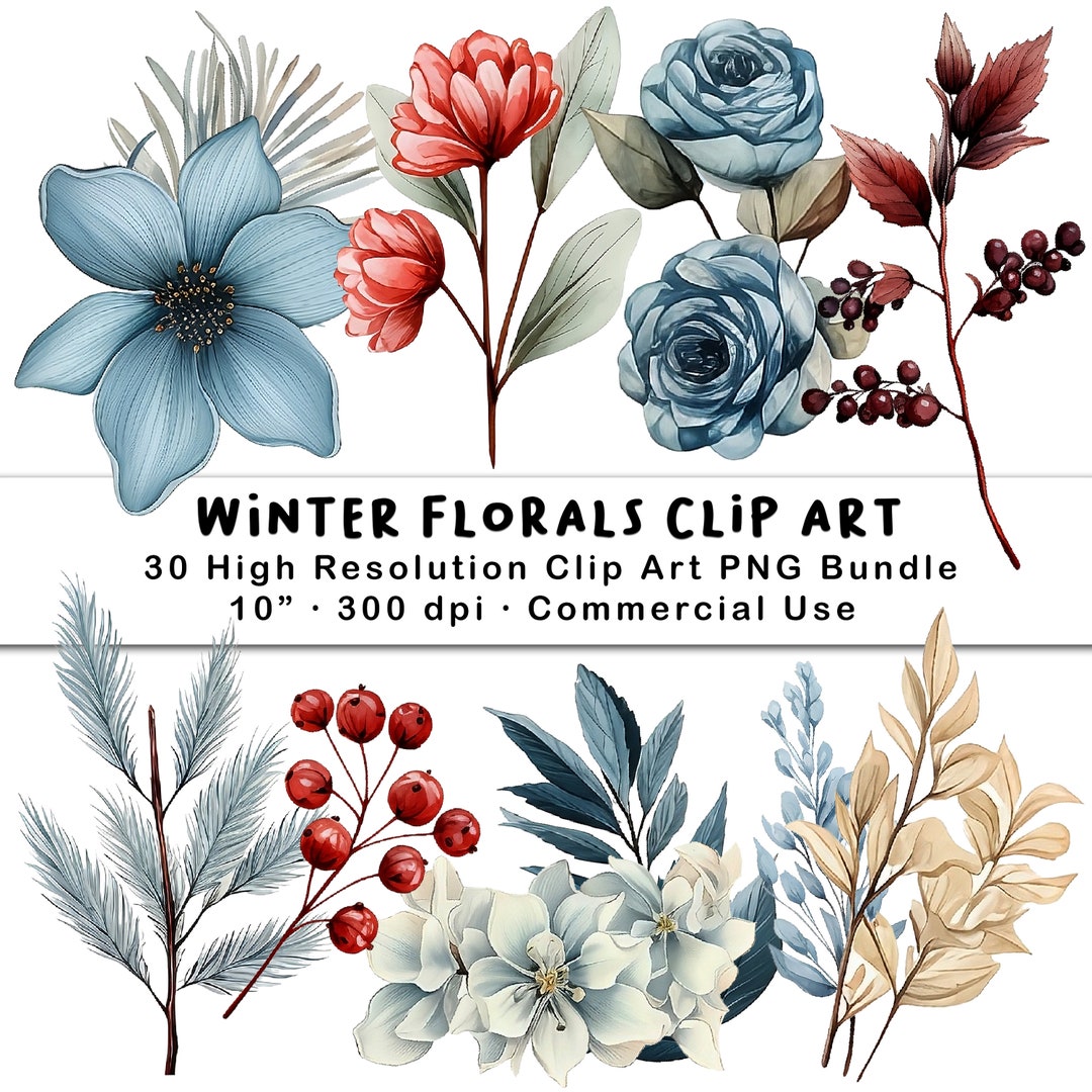 Winter Florals Clip Art, PNG Bundle, Printable Image, Digital Download ...