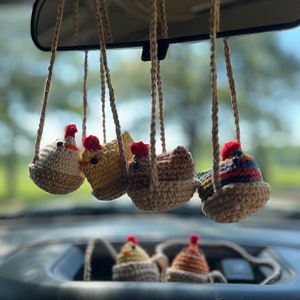 Crochet Chicken on a Swing Car Mirror Hanger, Rearview Mirror Hanger ...