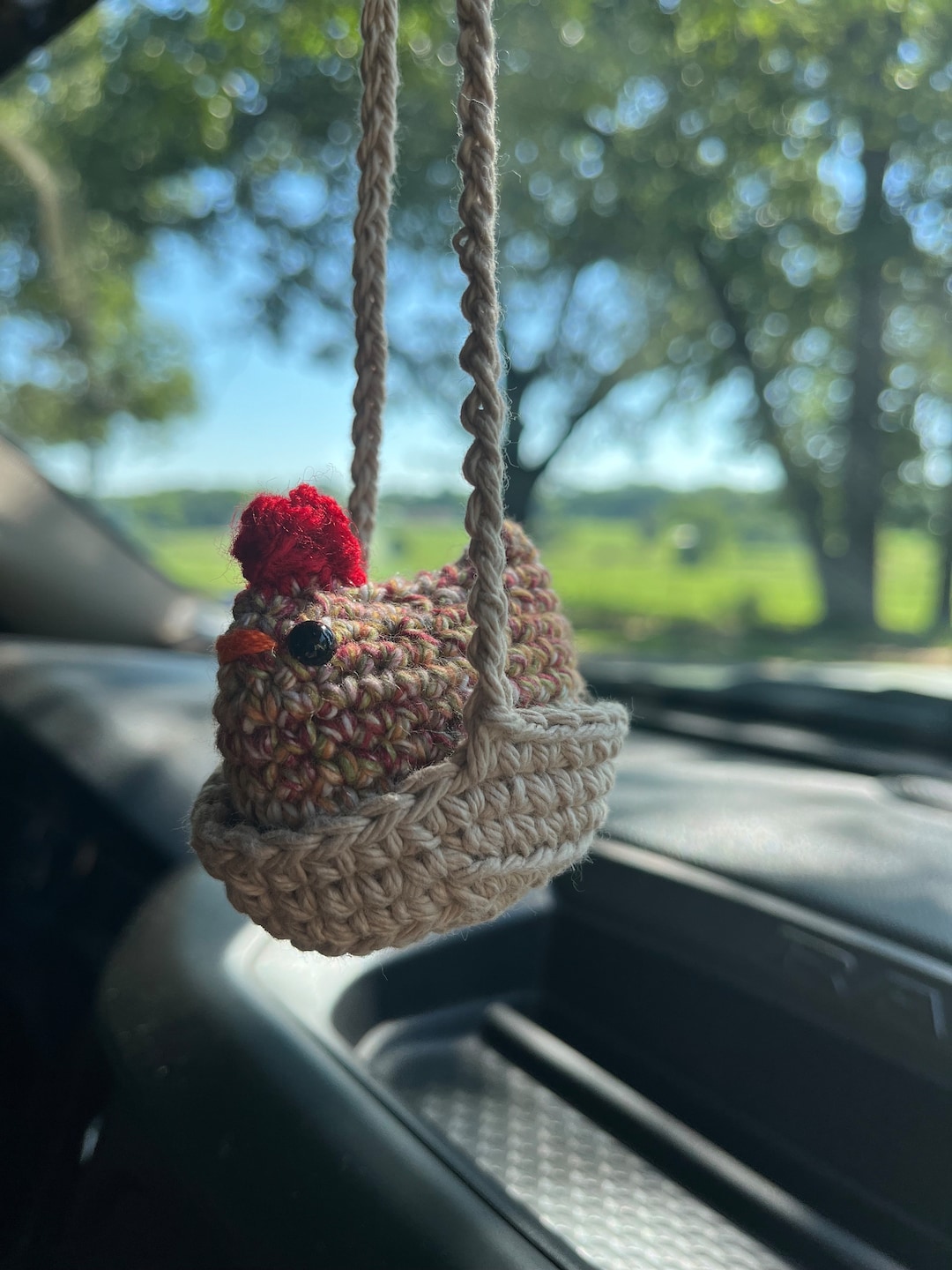 Crochet Chicken on a Swing Car Mirror Hanger, Rearview Mirror Hanger ...