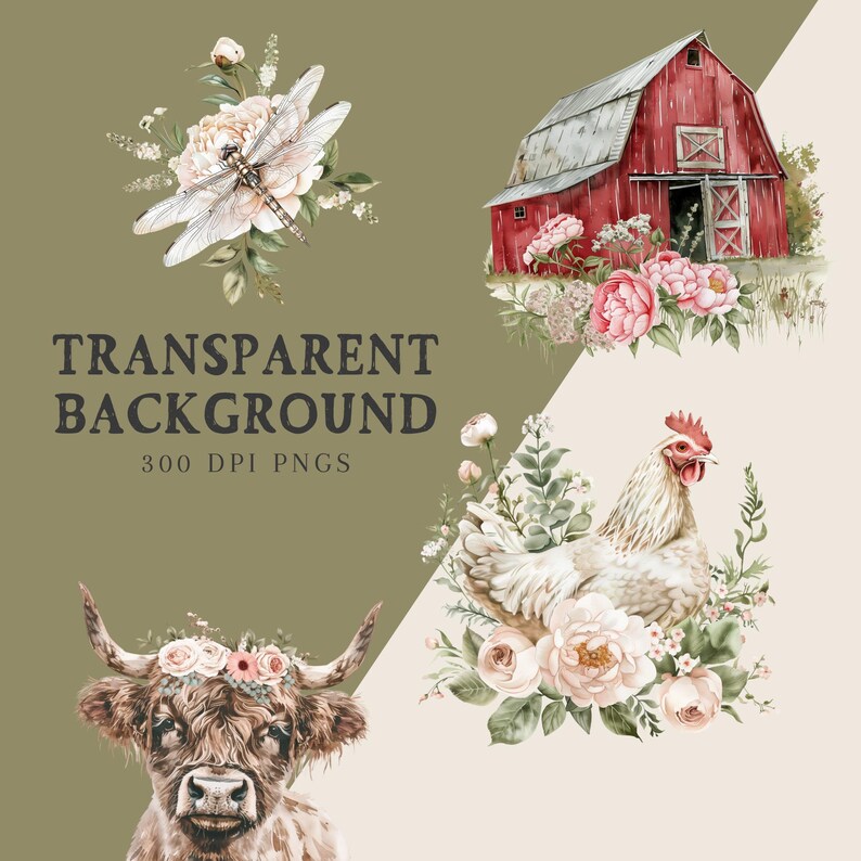 Watercolor Farm Animal Clipart Rustic Barnyard Animals PNG Pastel ...