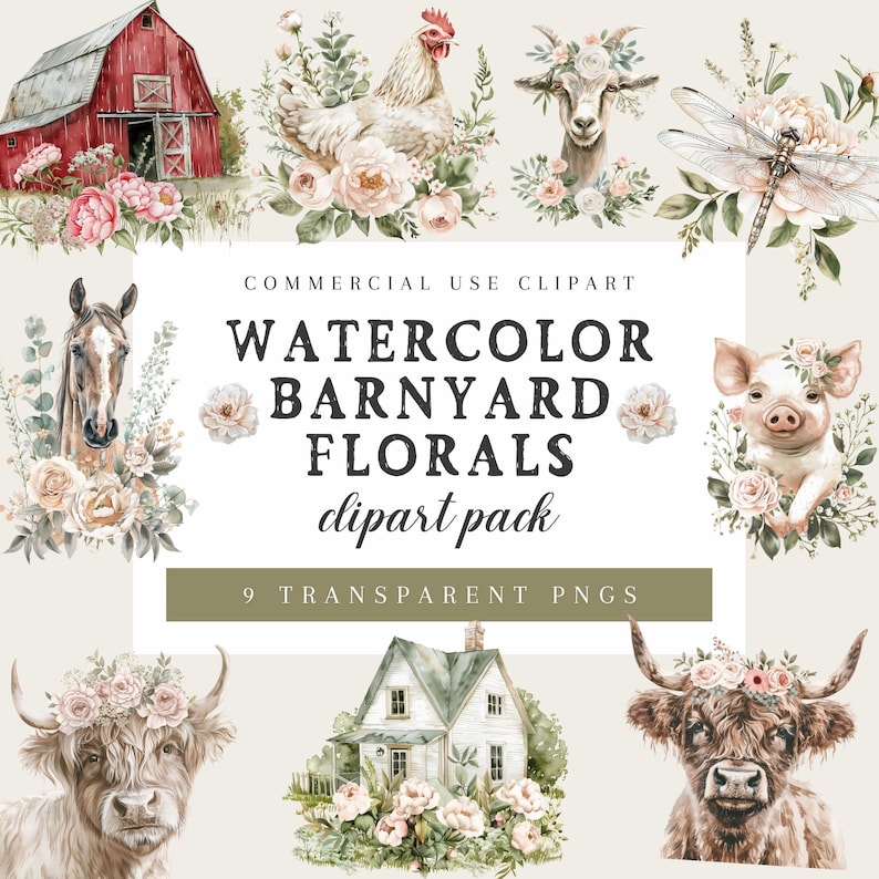 Watercolor Farm Animal Clipart Rustic Barnyard Animals PNG Pastel ...
