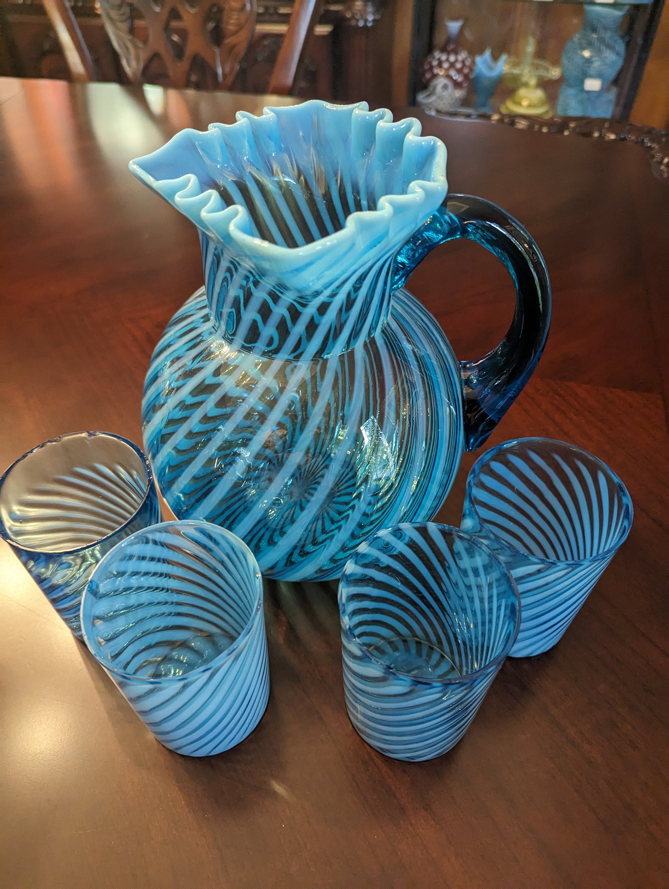 Antique Northwood Ball Shape Swirl Pitcher W/4 Tumblers in Blue ...