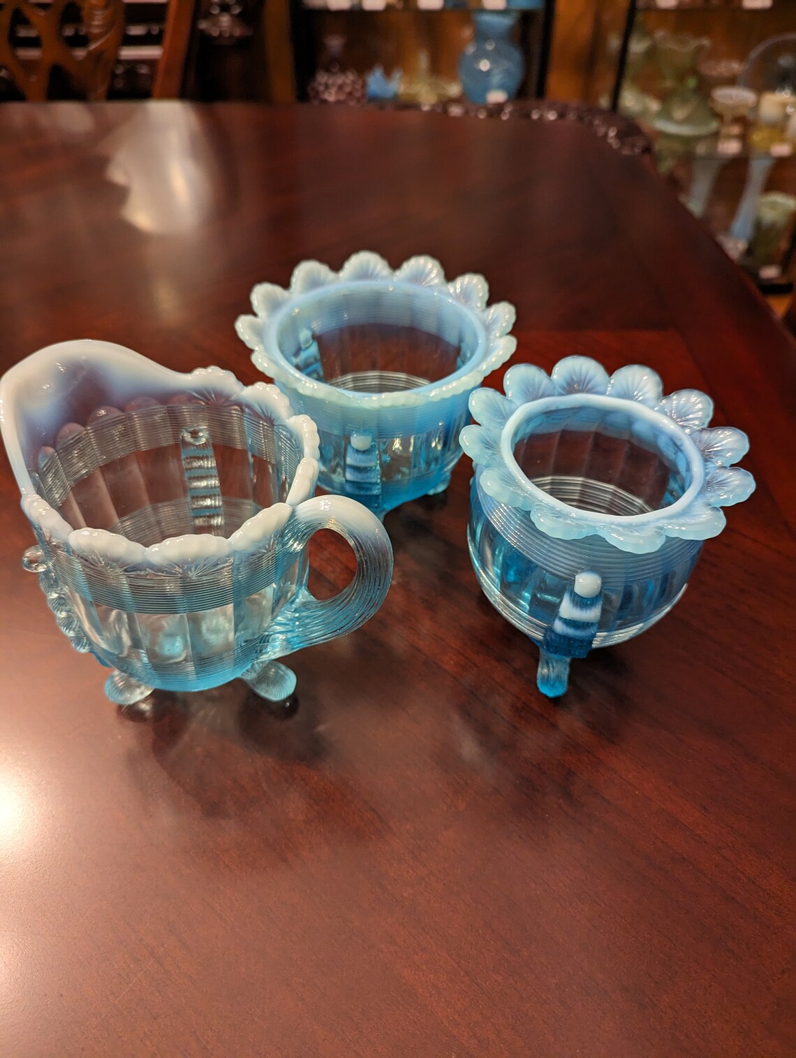 Antique Northwood Fluted Scrolls 3 Piece Table Set in Blue Opalescent ...