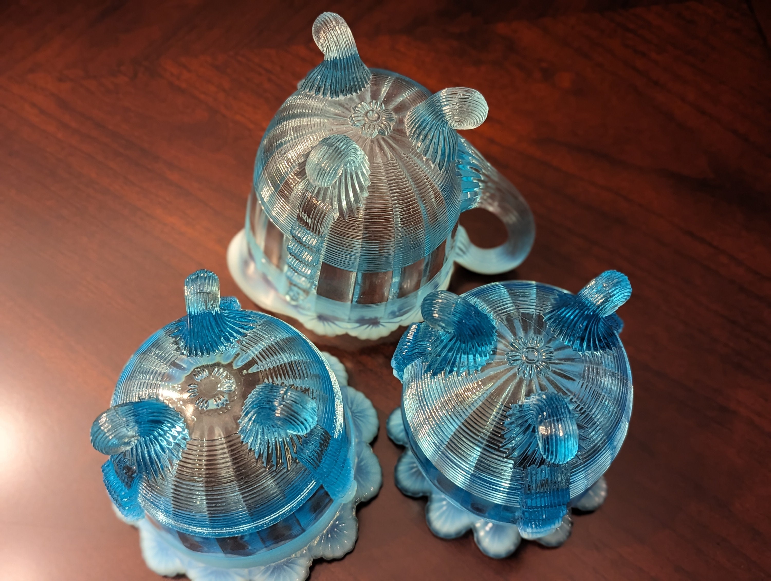 Antique Northwood Fluted Scrolls 3 Piece Table Set in Blue Opalescent ...