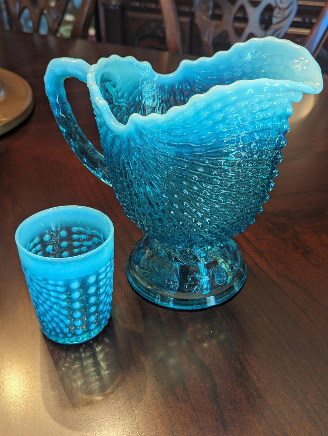 Antique Northwood Argonaut Shell Water Pitcher Set in Blue Opalescent ...
