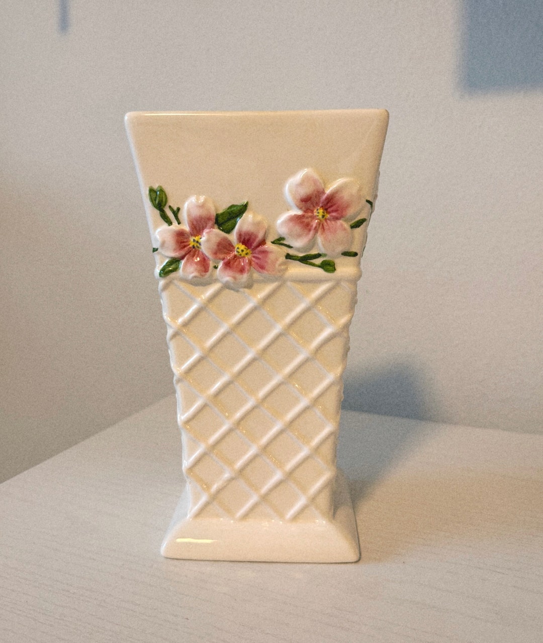 Vintage Floral FTD Vase Trellis With Pink Apple Blossoms - Etsy