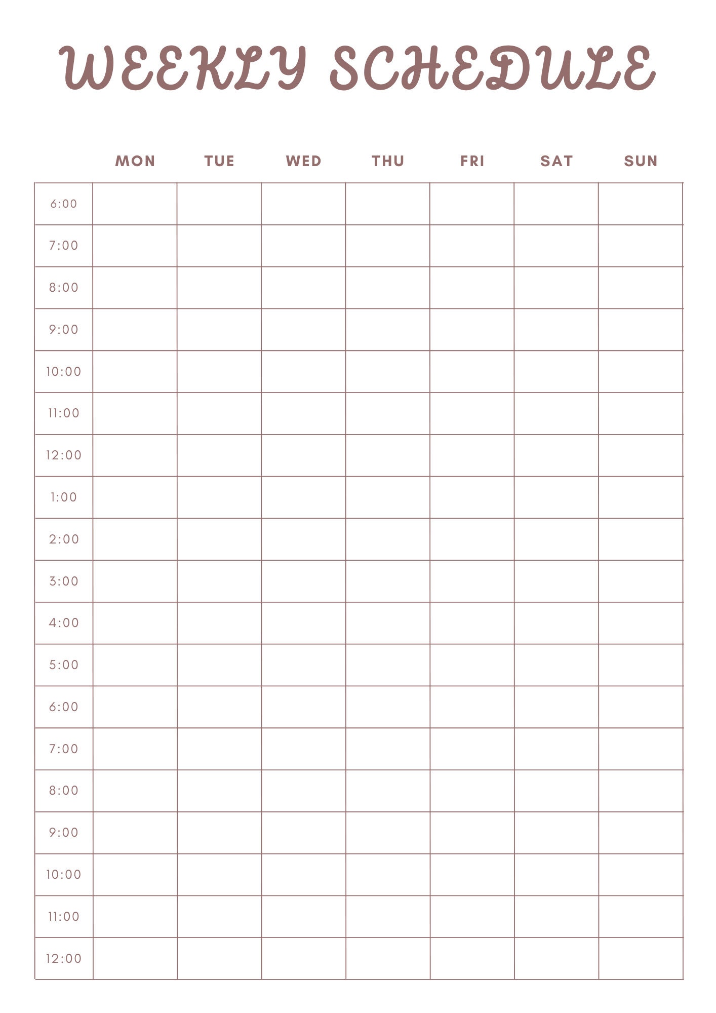 Hourly Weekly Schedule Printable, Weekly Planner, Week at a Glance ...