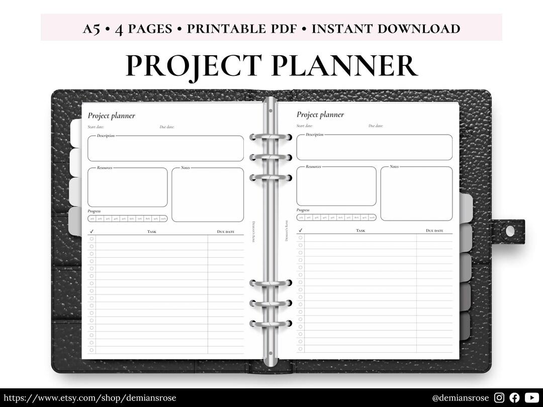 Project Planner A5 Printable: Notes, Resources, Task List, Progress ...