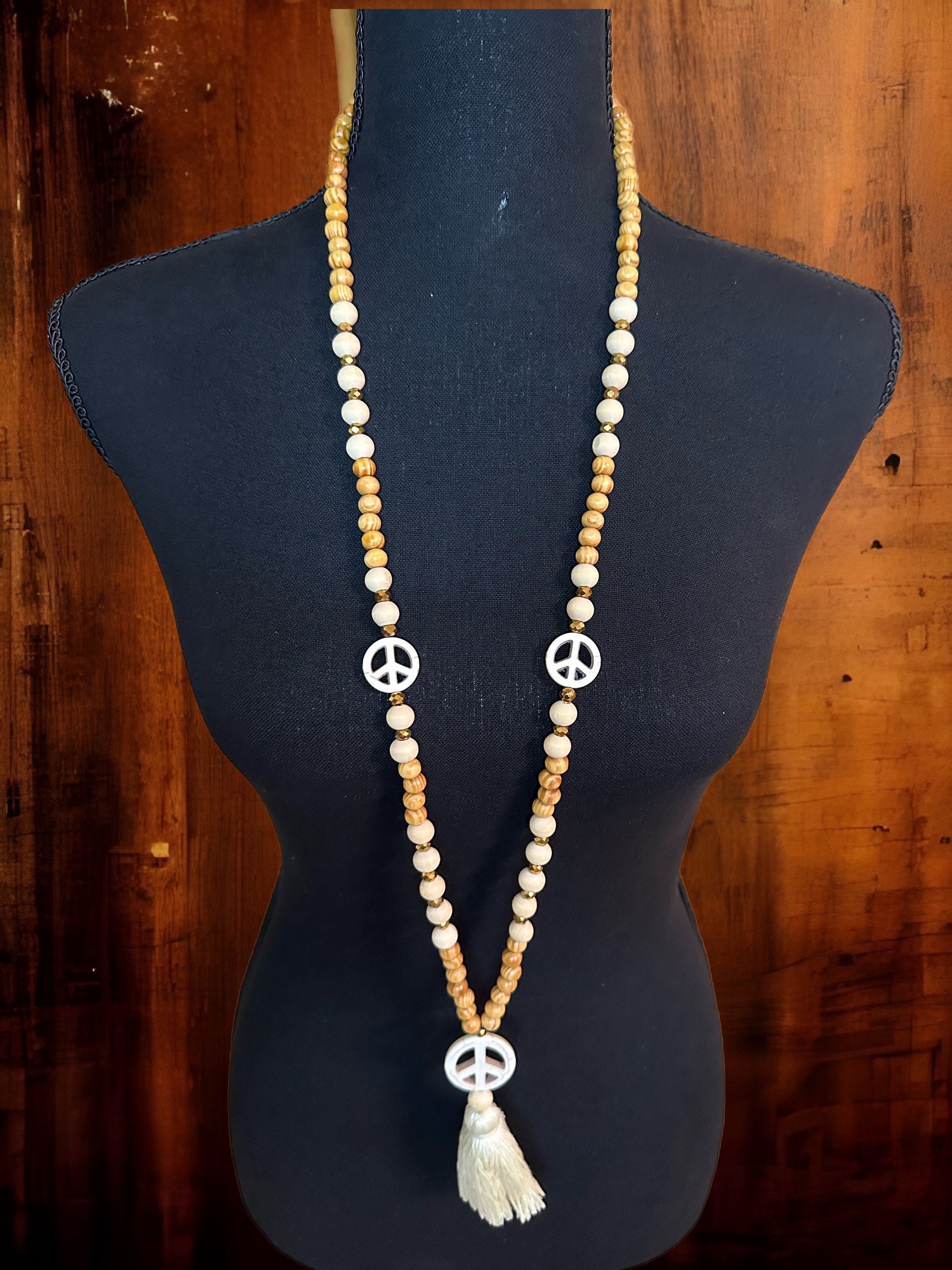 Luxury Wooden Long Boho Peace Sign Beaded Necklace, Tassel Pendant ...